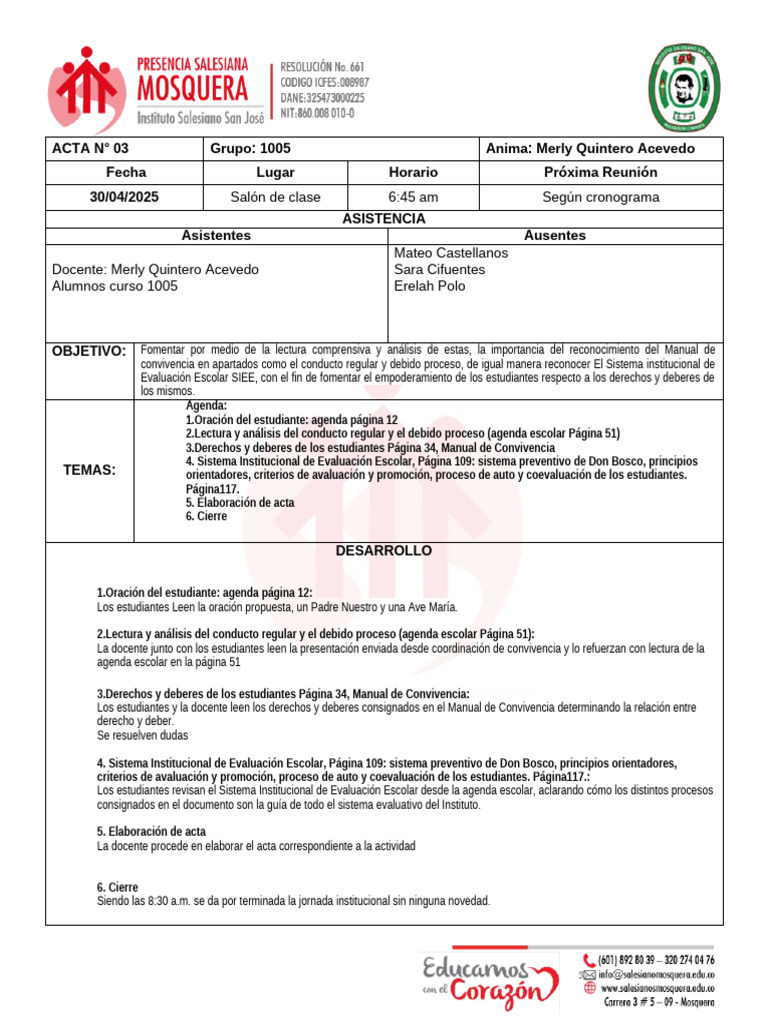 Acta N°3 de 30 B Abril Animación Curso | PDF