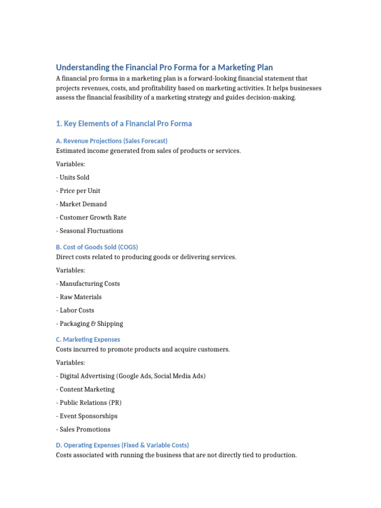 Marketing Plan Financial Pro Forma | PDF | Revenue | Business Economics