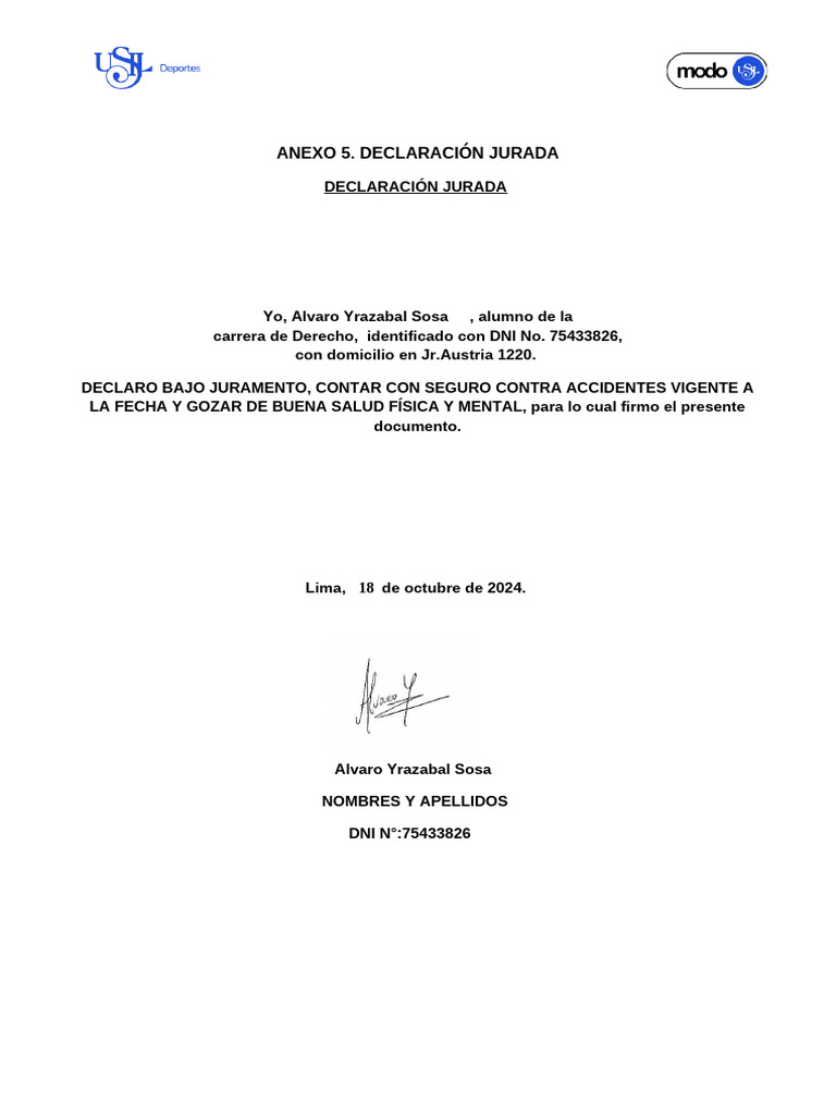 ALVARO YRAZABAL Declaración Jurada Seguro Contra Accidentes FESTIUSIL ...