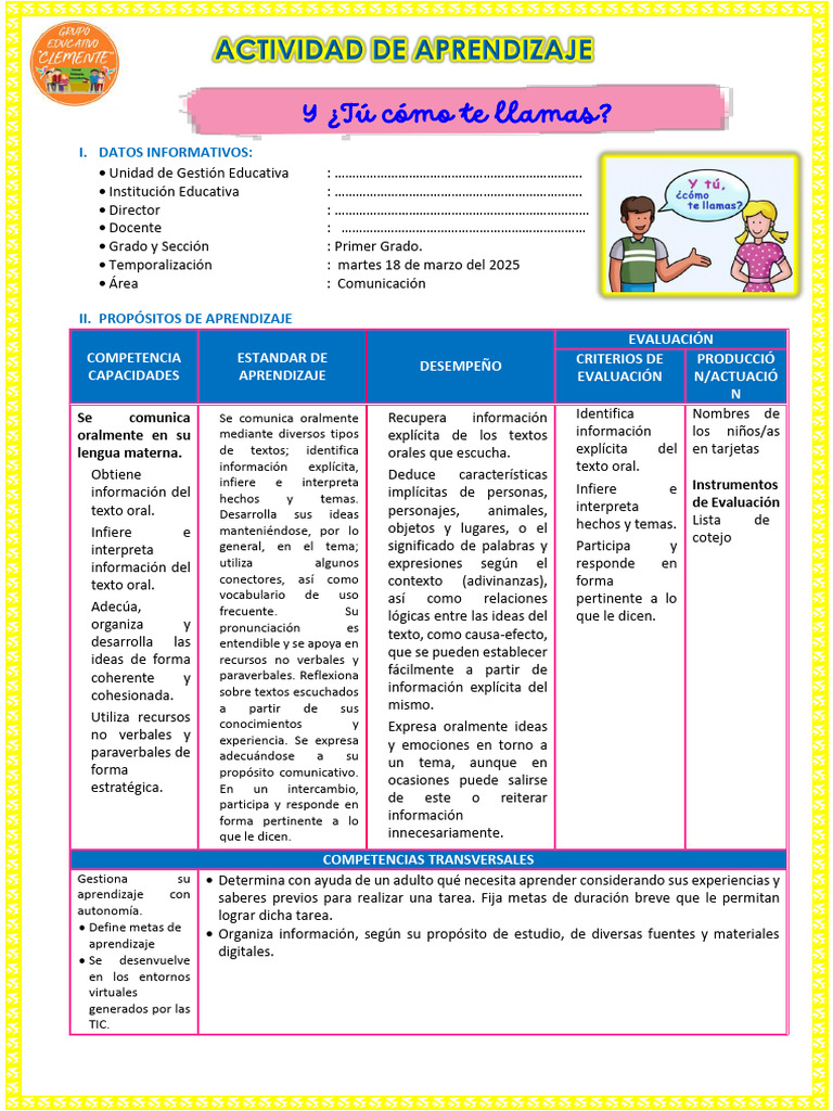 Com 1° - Sesión y Tú Cómo Te Llamas | PDF | Aprendizaje | Evaluación