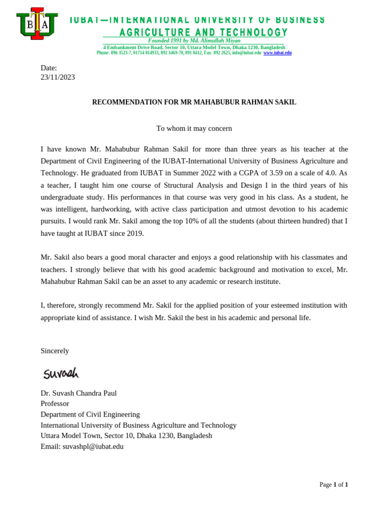 Recommendation Letter Mahabubur Rahman Sakil | PDF