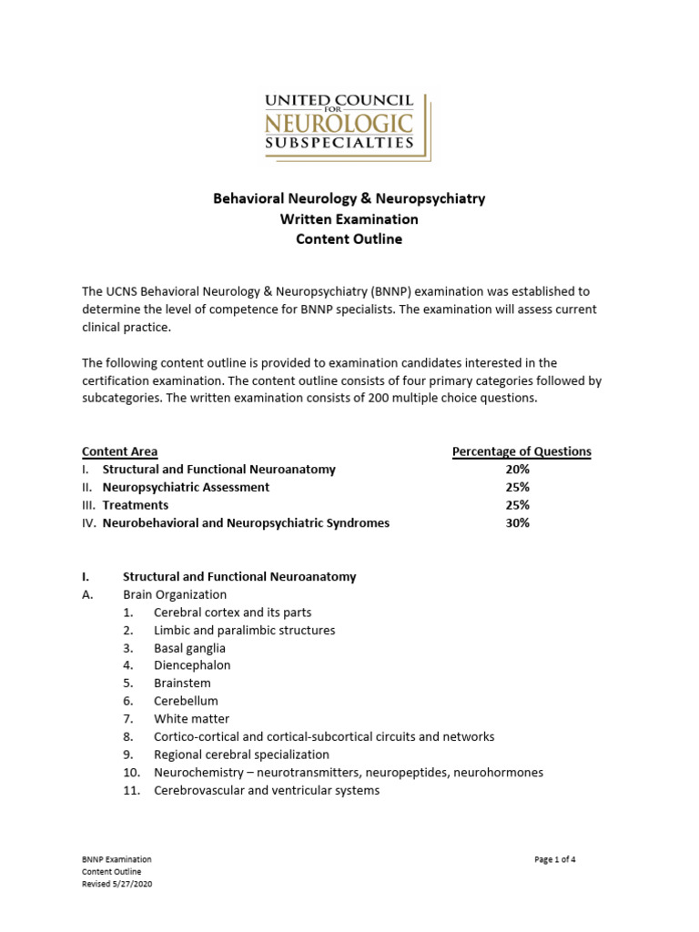 Behavioral Neurology & Neuropsychiatry Examination Content Outline ...