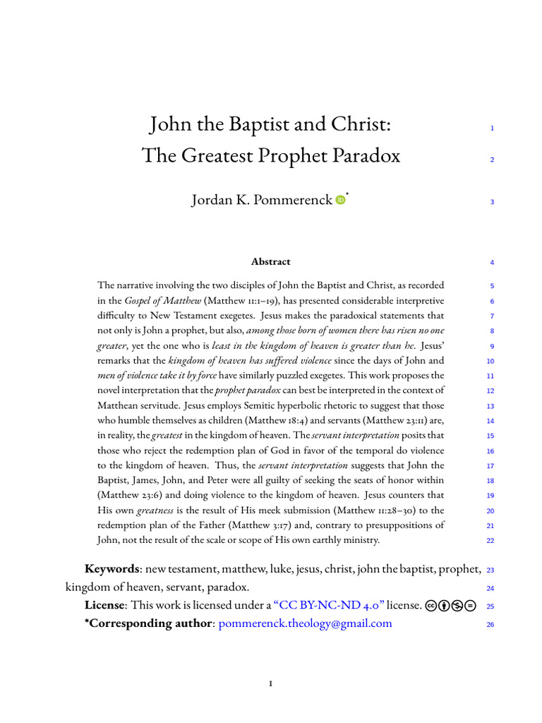 John the Baptist: The Greatest Prophet Paradox | PDF | Jesus | Gospel ...