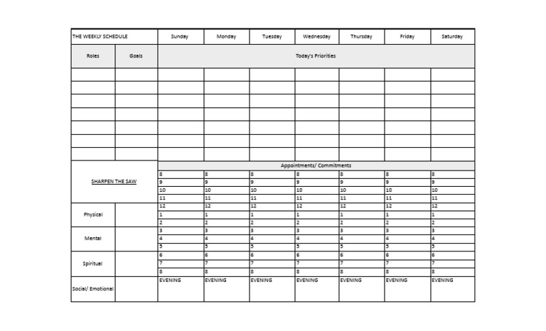 The 7 Habits of Highly Effective People-Weekly Planner - XLSX - Sheet1 | PDF