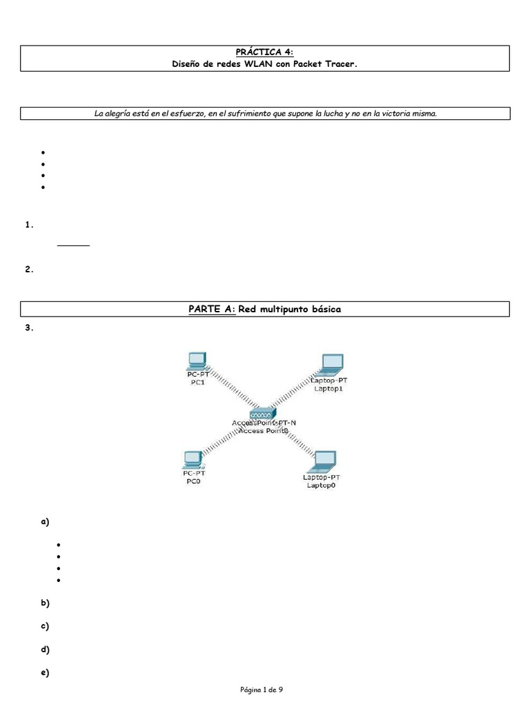 Practica 4 Diseno de Redes WLAN Con Packet Tracer | PDF | Dirección IP | Punto de acceso inalámbrico