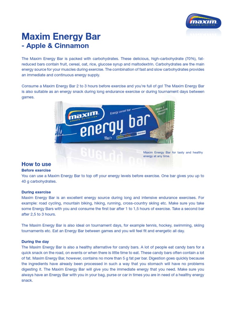 Maxim Energy Bar: - Apple & Cinnamon | PDF | Carbohydrates | Glucose