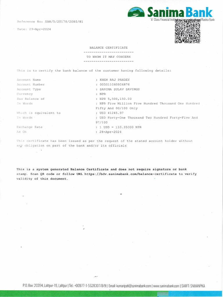 Bank Balance Certificate_Khem Raj Pandey | PDF