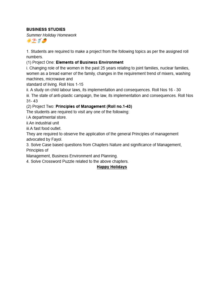 Class XII Business Studies HHW | PDF