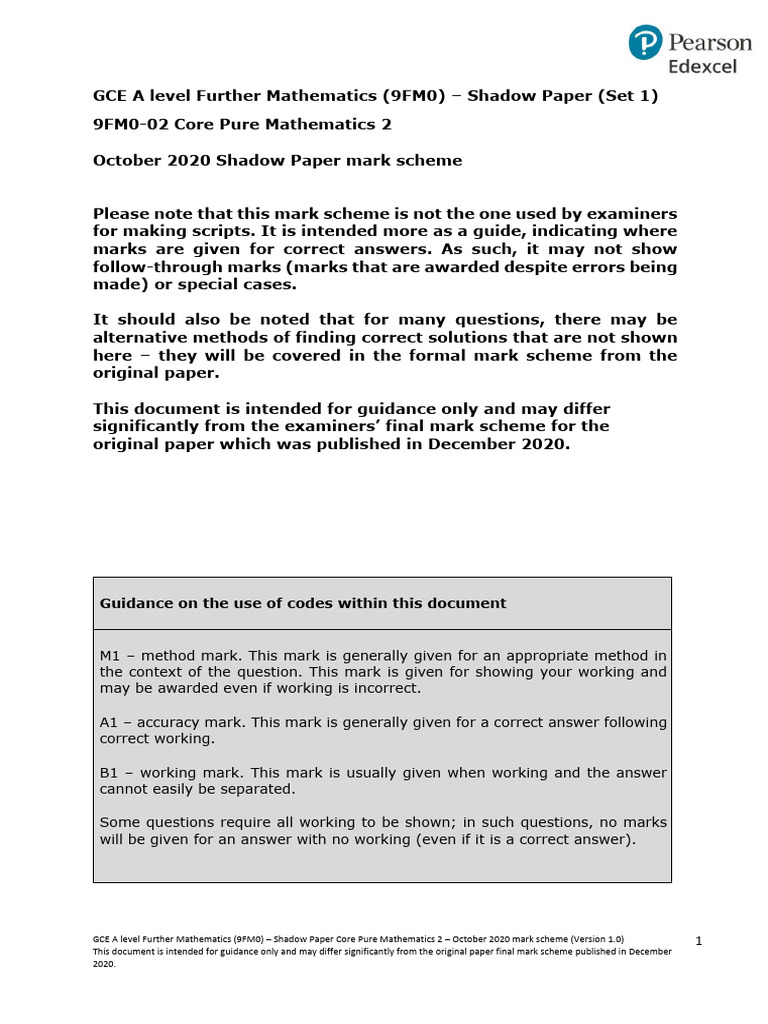 Shadow October 2020 Core Pure 2 (MS) | PDF | Mathematics