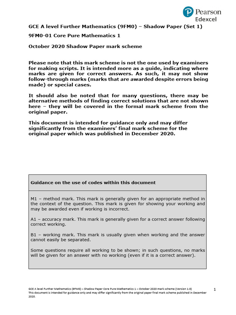 Shadow October 2020 Core Pure 1 (MS) | PDF | Equations | Zero Of A Function