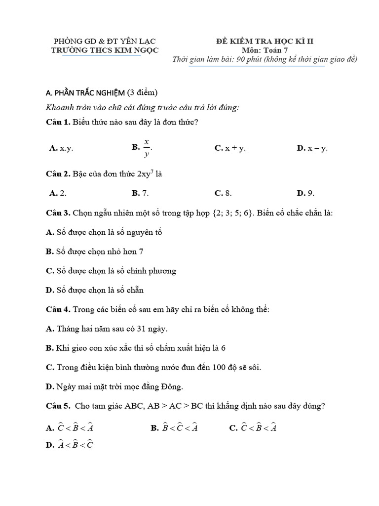 De Hoc Ki 2 Toan 7 Nam 2022 2023 Truong Thcs Kim Ngoc Vinh Phuc | PDF