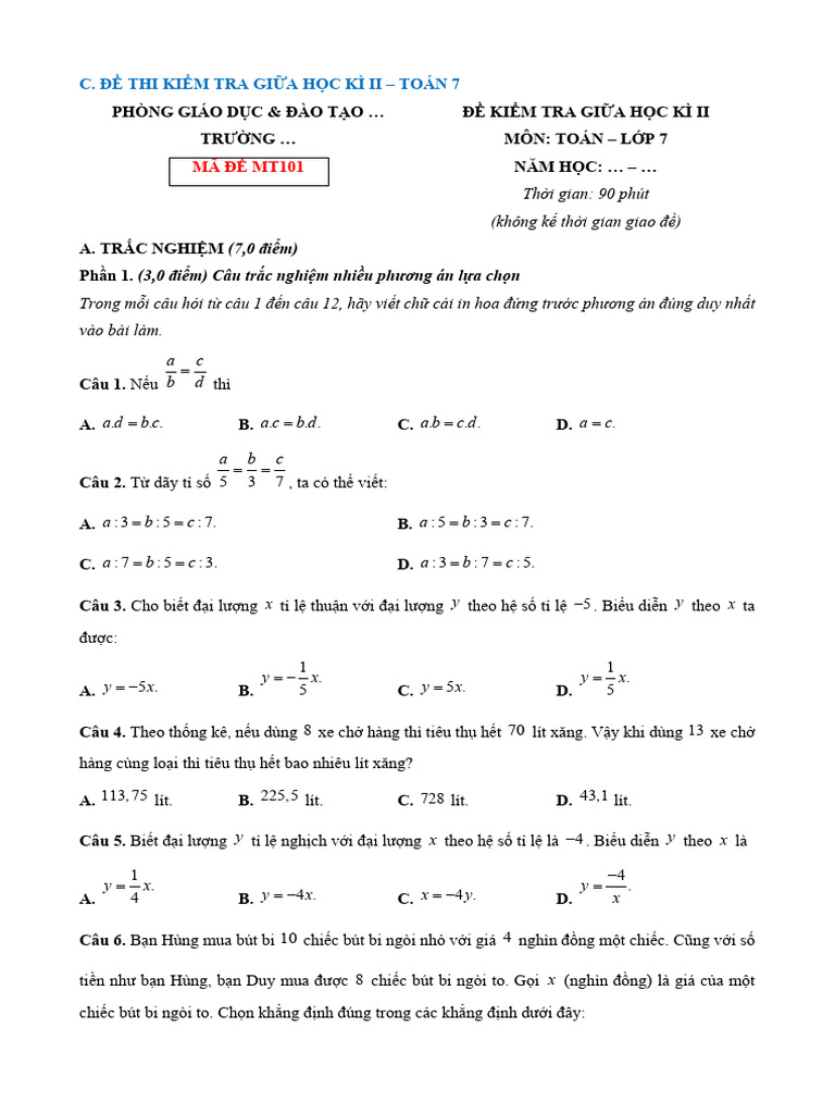 Bo de Toan Lop 7 Giua Ky 2 Chan Troi Sang Tao Trang | PDF