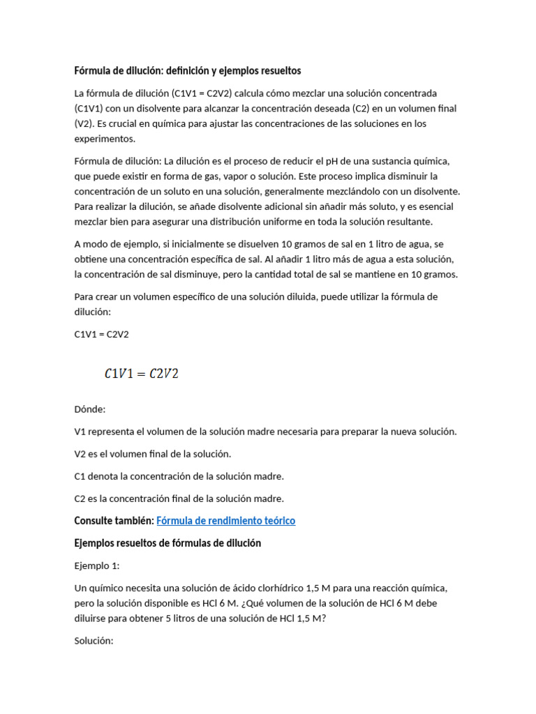 Fórmula de Dilución en Química | PDF | Concentración | Ácido clorhídrico
