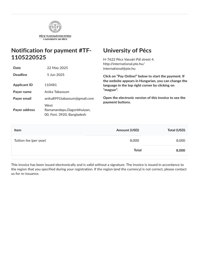 Notification For Payment #TF 1105220525 | PDF