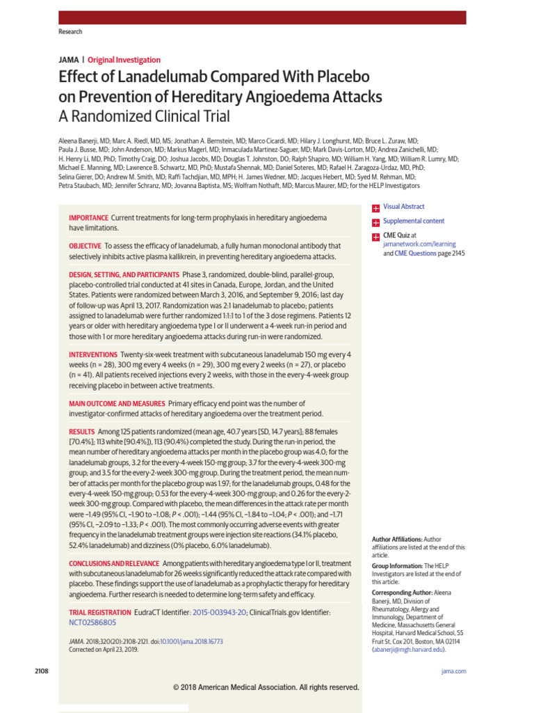 Effect of Lanadelumab Compared With Placebo | PDF | Health Care ...