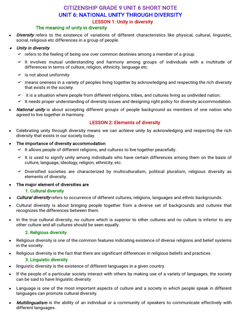 Unity in Diversity: Grade 9 Citizenship | PDF | Multiculturalism ...