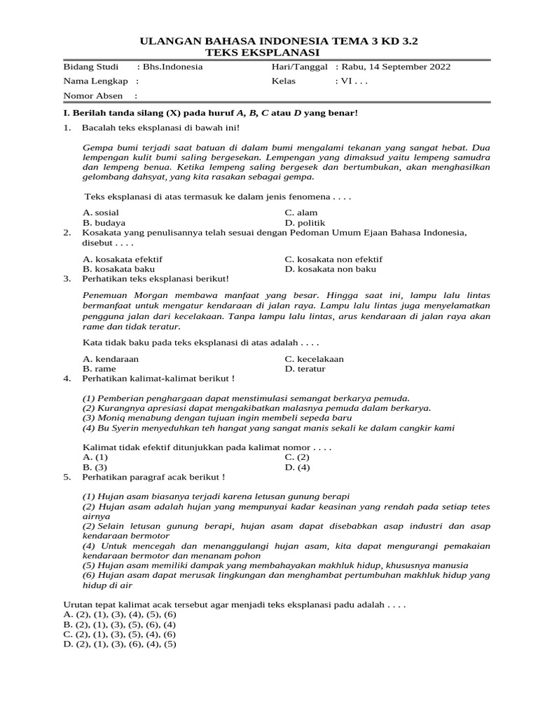 Ulanganl Bhs.Indonesia Tema 3 | PDF