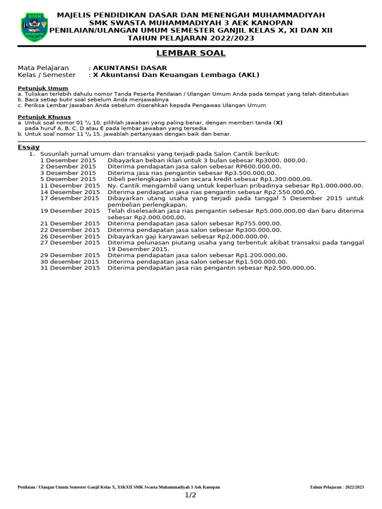 Akuntansi Dasar Kelas X Akl | PDF