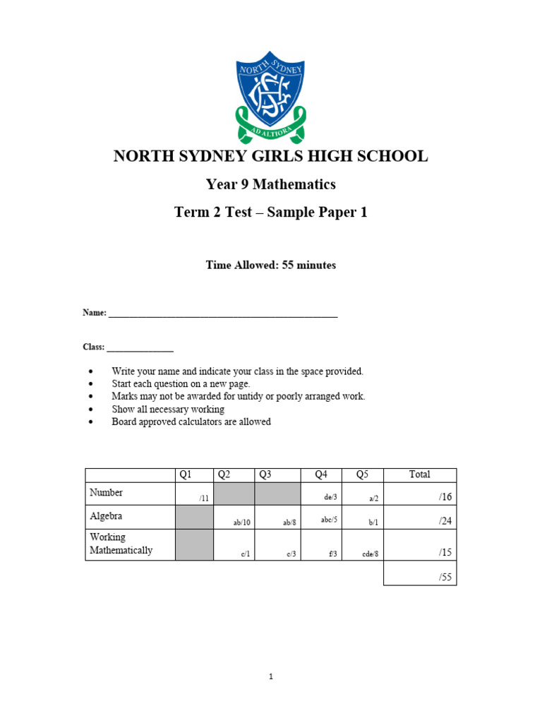 NSG Y9 T2 - Sample Paper 1 | PDF | Numbers | Arithmetic