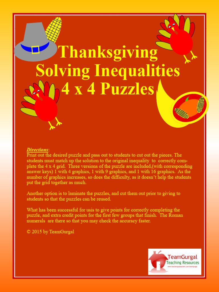 Thanksgiving Solving Inequalities 4 X 4 Puzzles: Directions | PDF | Puzzles