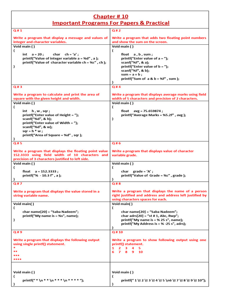 Important Programs CH 10 | PDF | Area | Integer (Computer Science)