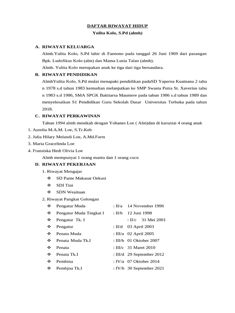 DAFTAR RIWAYAT HIDUP IBU YULITA KOLO, S.PD | PDF
