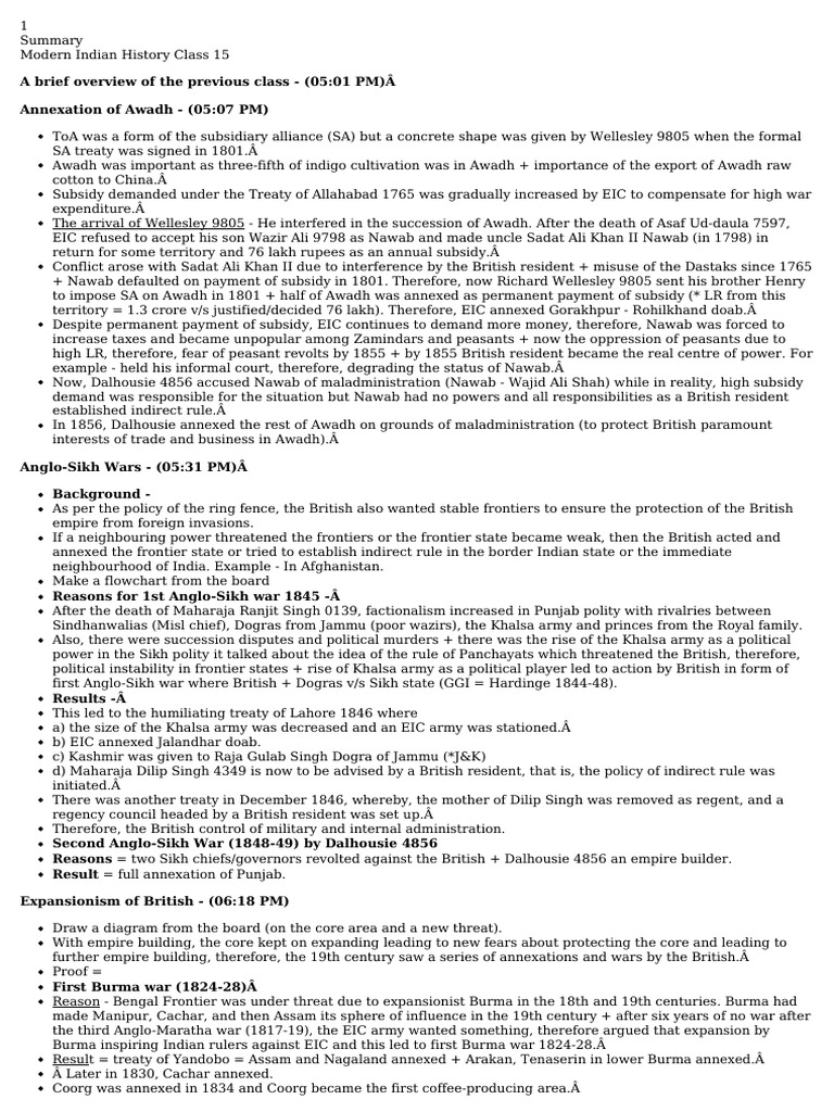 Modern Indian History Class 15 - 031222 | PDF | British India