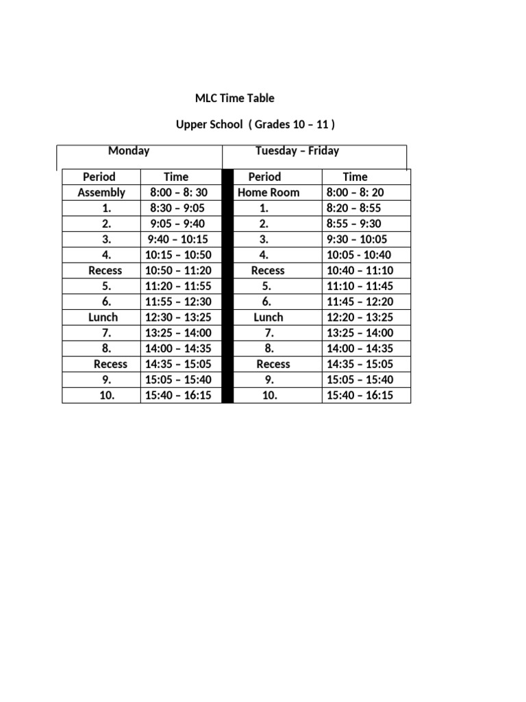 MLC Time Table Grade 10-11 | PDF