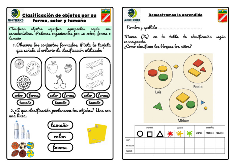 Clasificación de Objetos Por Su Forma, Color y Tamaño | PDF
