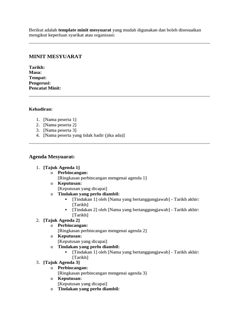 Berikut adalah template minit mesyuarat yang mudah digunakan dan boleh ...