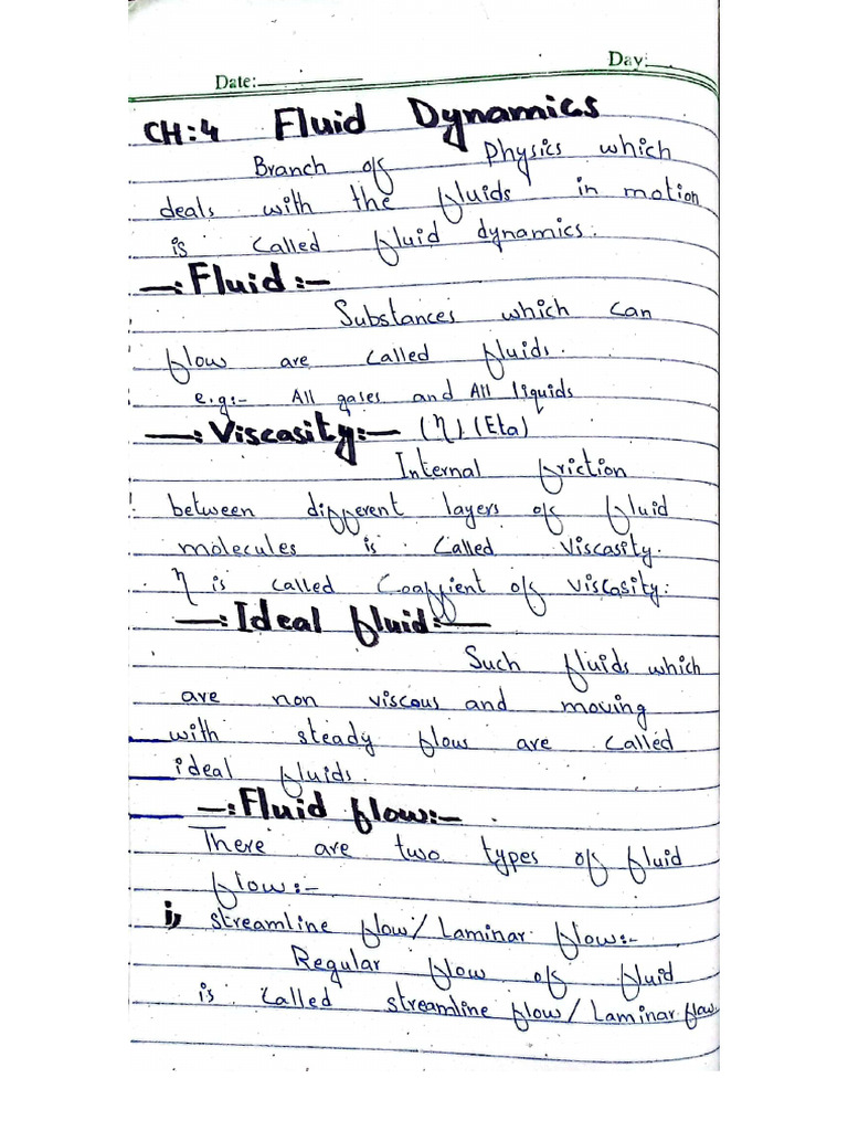 Mechanics·¹ Ch№·⁴ Fluid Dynamics Notes | PDF