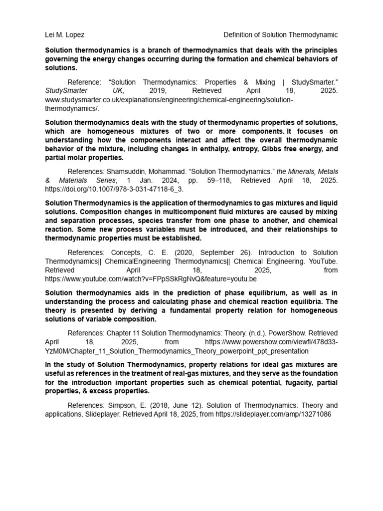Lopez_Assignment (Definition of solution thermodynamics) | PDF | Thermodynamics | Chemical ...