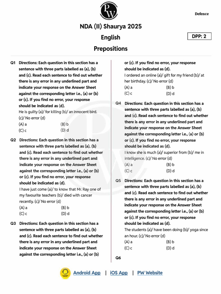 Prepositions - DPP 02 | PDF