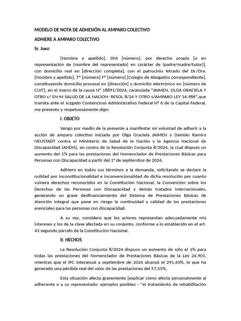 MODELO DE NOTA DE ADHESIÓN AL AMPARO COLECTIVO May 2025 | PDF ...