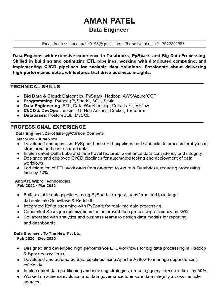 Aman Patel Resume | PDF | Apache Spark | Computing