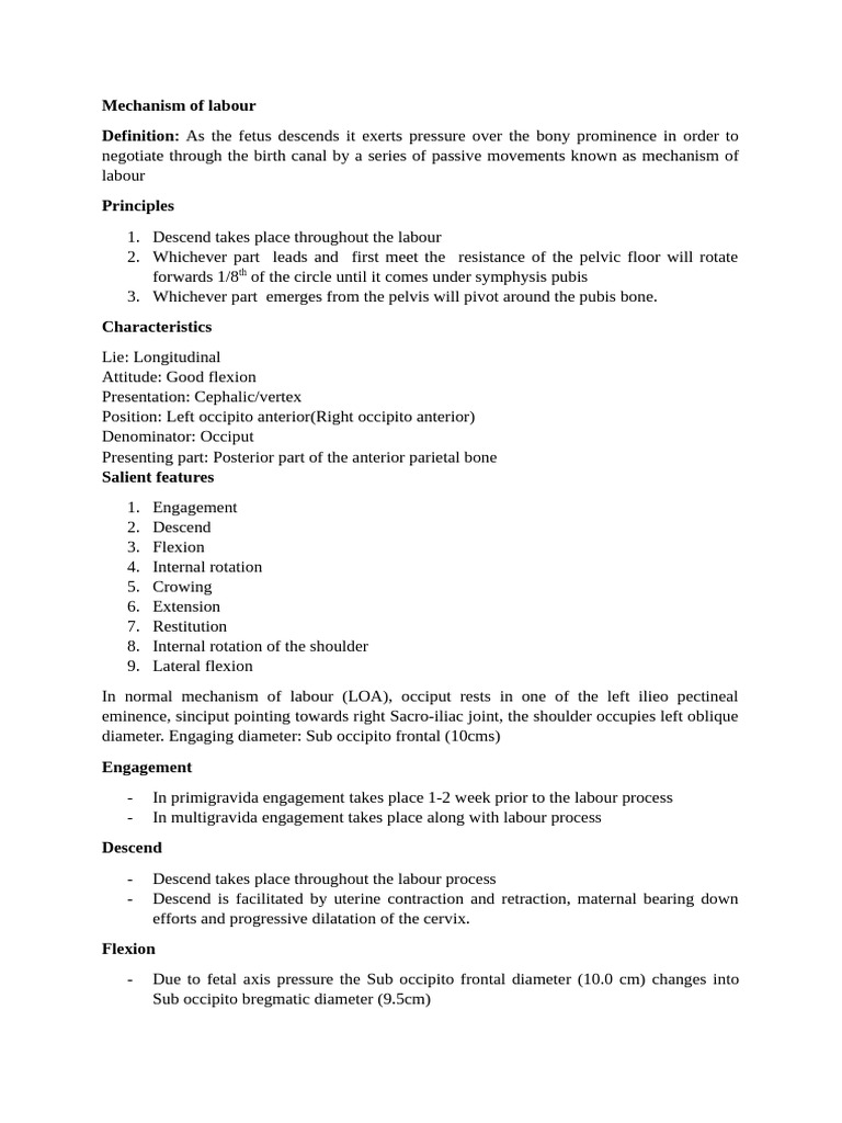 Mechanism of Normal Labour Explained | PDF | Pelvis | Childbirth