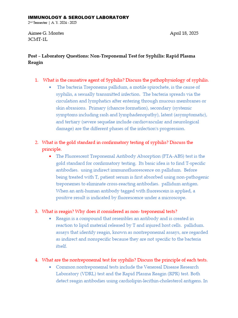 Non-Treponemal Test For Syphilis - Rapid Plasma Reagin | PDF | Antibody ...