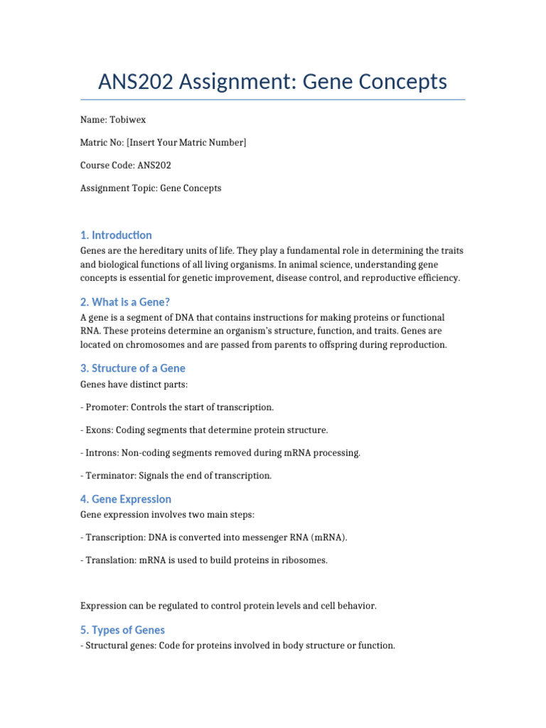 ANS202 Assignment Gene Concepts Tobiwex | PDF | Gene | Genetics