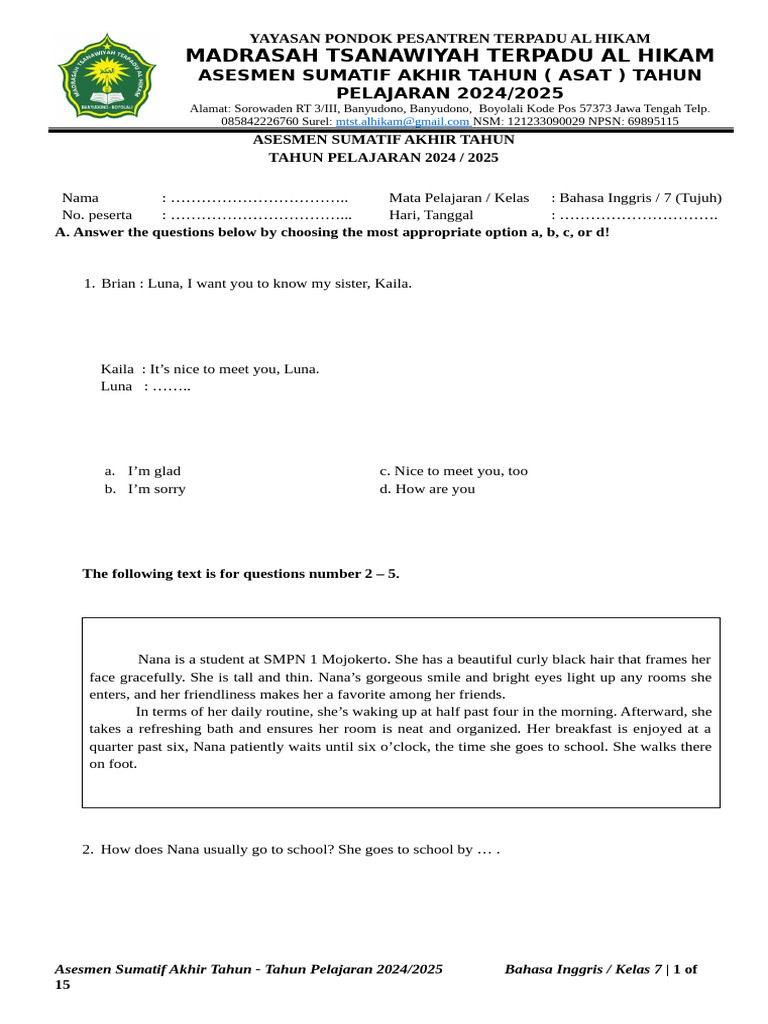 09 - Paper ASAT 7 Bhs Inggris - 2024 2025 | PDF