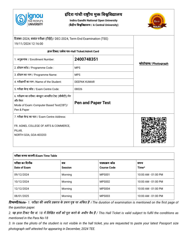 Ignou Dec-2024 - Hall Ticket - Admit Card | PDF