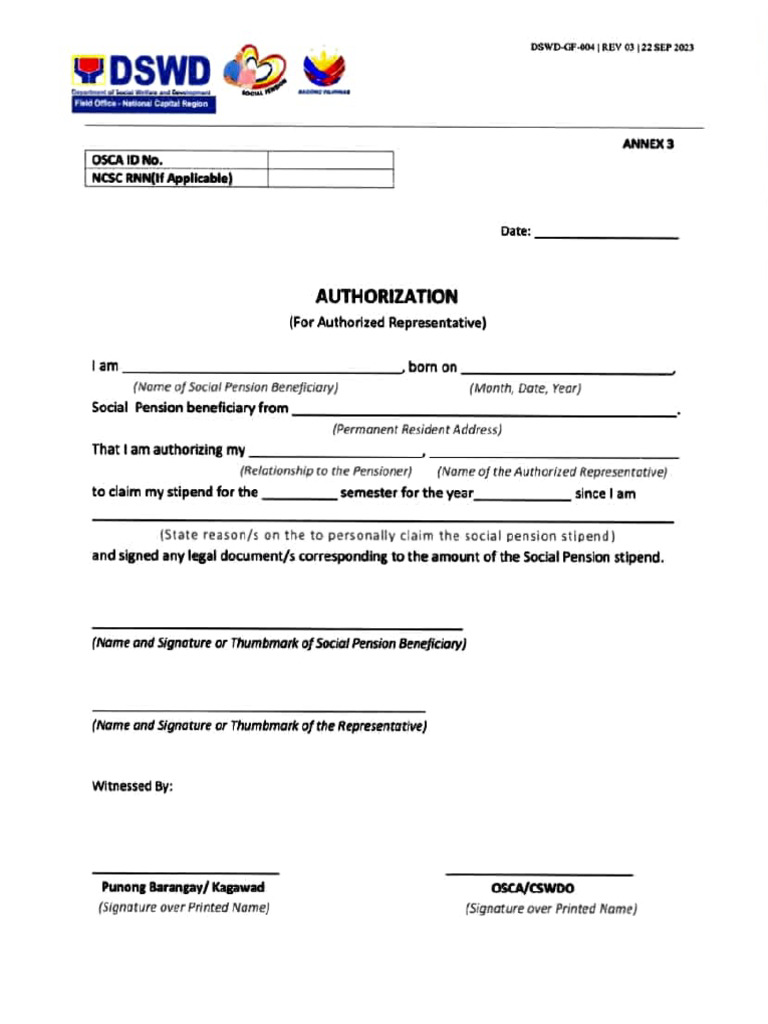 DSWD Authorization Form for Seniors | PDF