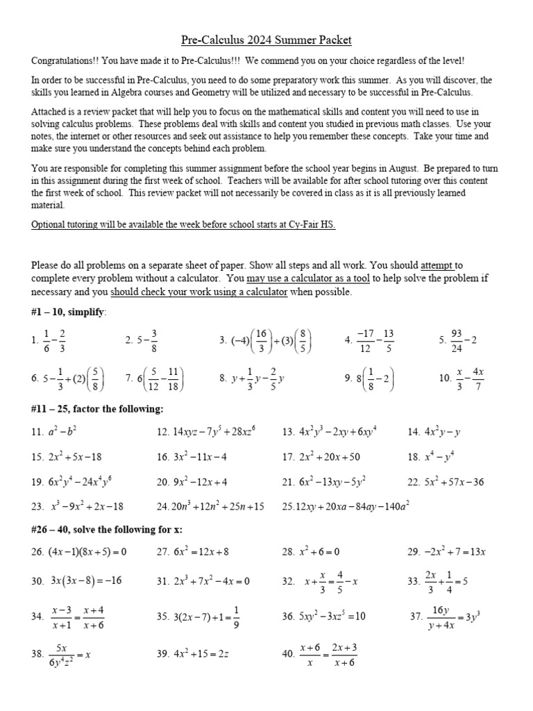 2024 Pre-Calculus Summer Packet | PDF | Precalculus | Mathematics