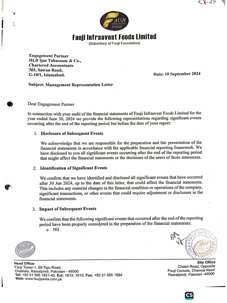 FIFL Management Representation Letter | PDF