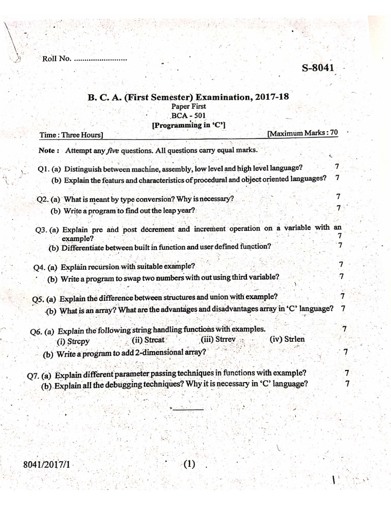BCA 2017-18 Sem 1 ProgrammingInC | PDF