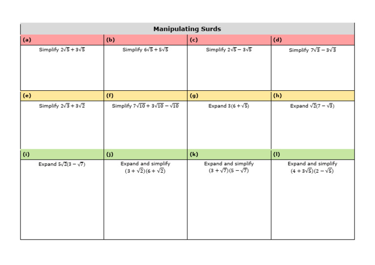 Manipulating Surds Practice Grid | PDF