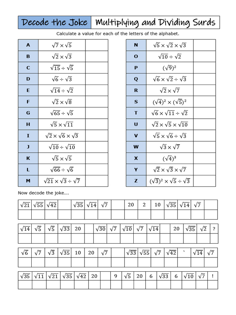 Multiplying and Dividing Surds Decode The Joke | PDF