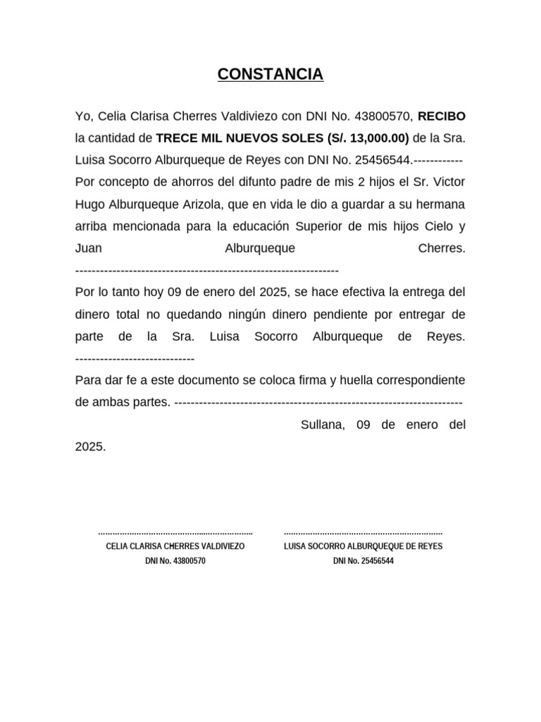 Constancia Luisa Socorro Alburqueque de Reyes | PDF