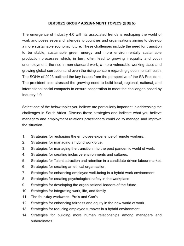 BIR3021 Group Assignment Topics 2025 | PDF | Employment | Sustainability