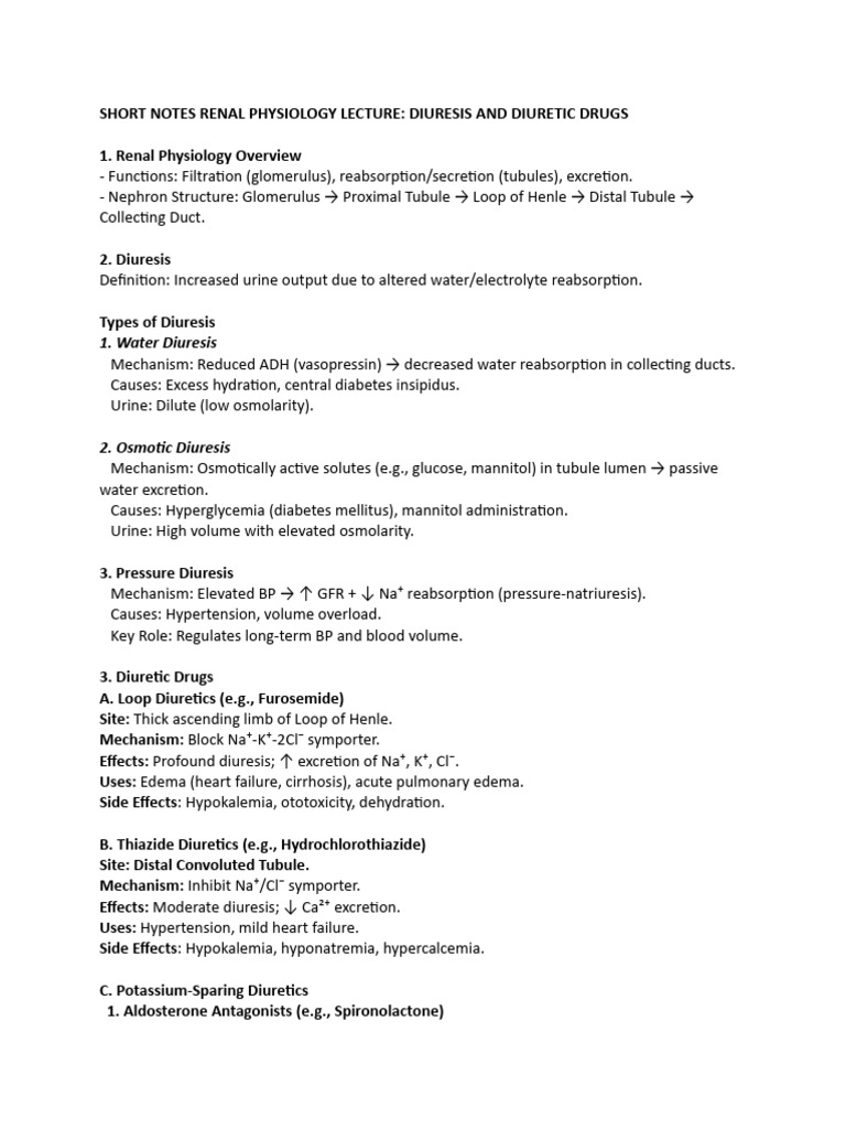 Short Notes Renal Physiology Lecture | PDF | Nephrology | Organ (Anatomy)