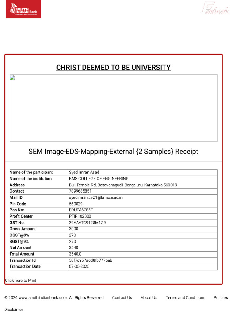 BMSCE Transaction Receipt Details | PDF